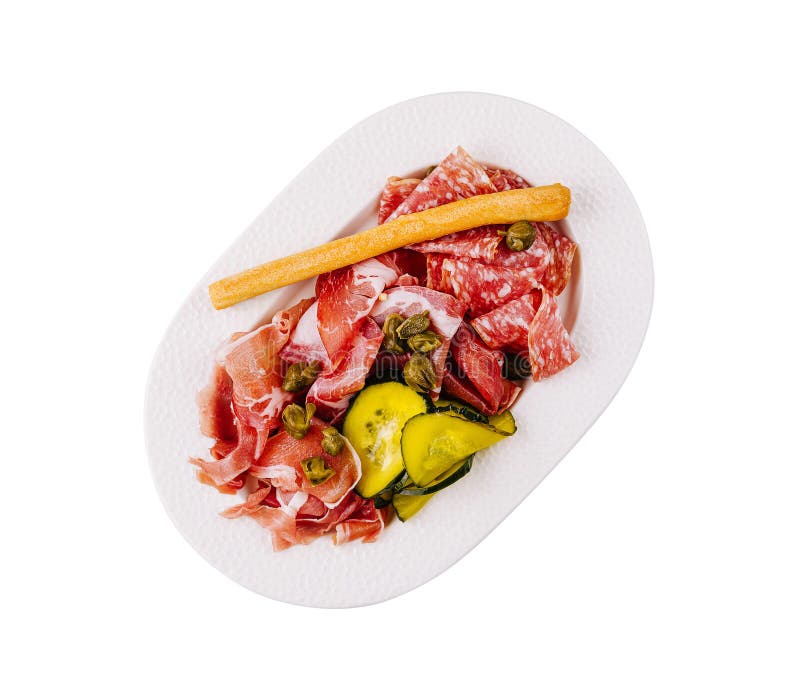 Assorted Italian Cold Cuts Platter with Pickles and Breadstick Stock ...