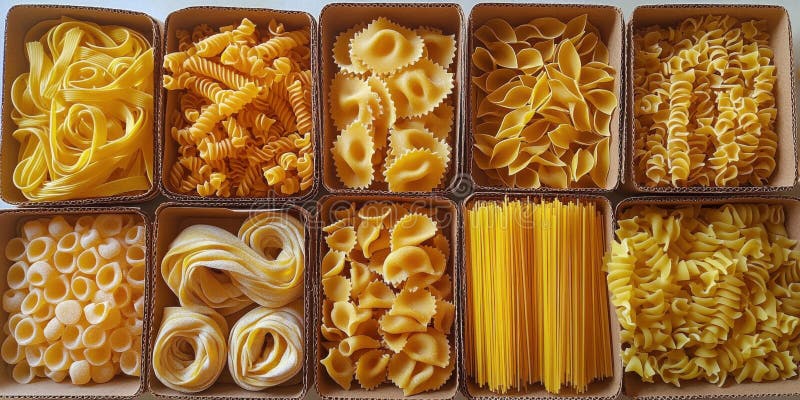 Assorted Italian Pasta Varieties in Rustic Cardboard Boxes Displayed ...