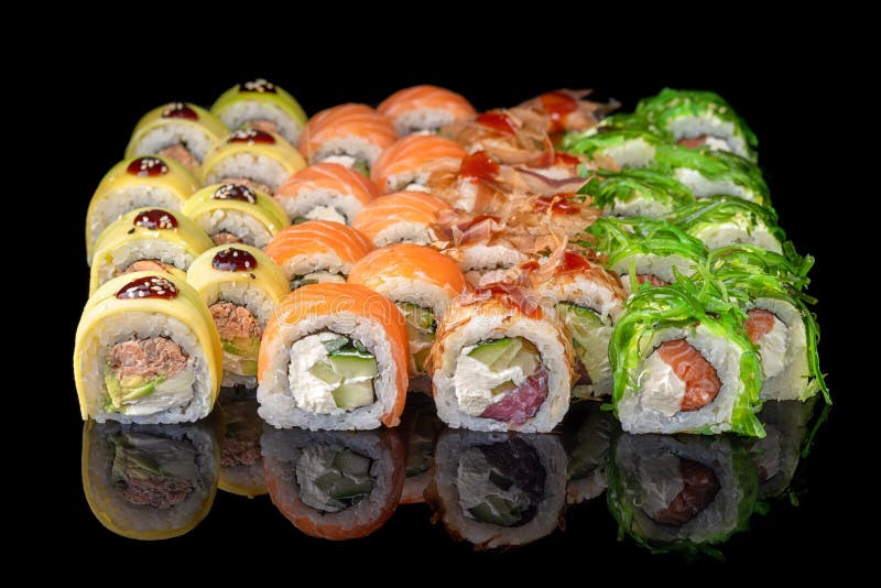 Assorted Japanese Sushi Roll Set. Sushi Rolls Set Close Up Selective ...