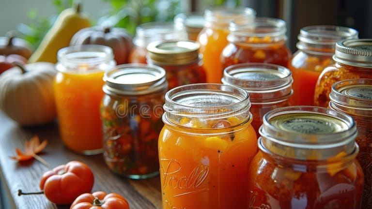 Assorted Jars of Autumn Preserves and Vegetables on Wooden Table Stock ...