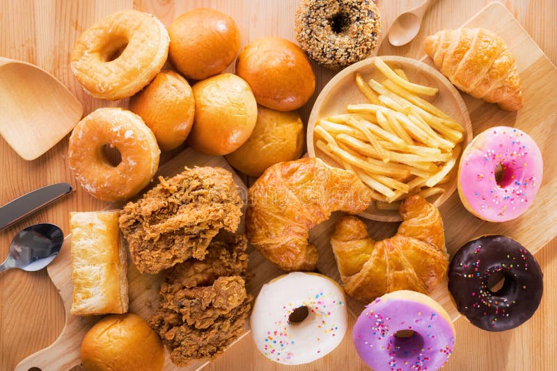 Assorted Junk Food Multiple Type on Wooden Table of Top View Stock ...