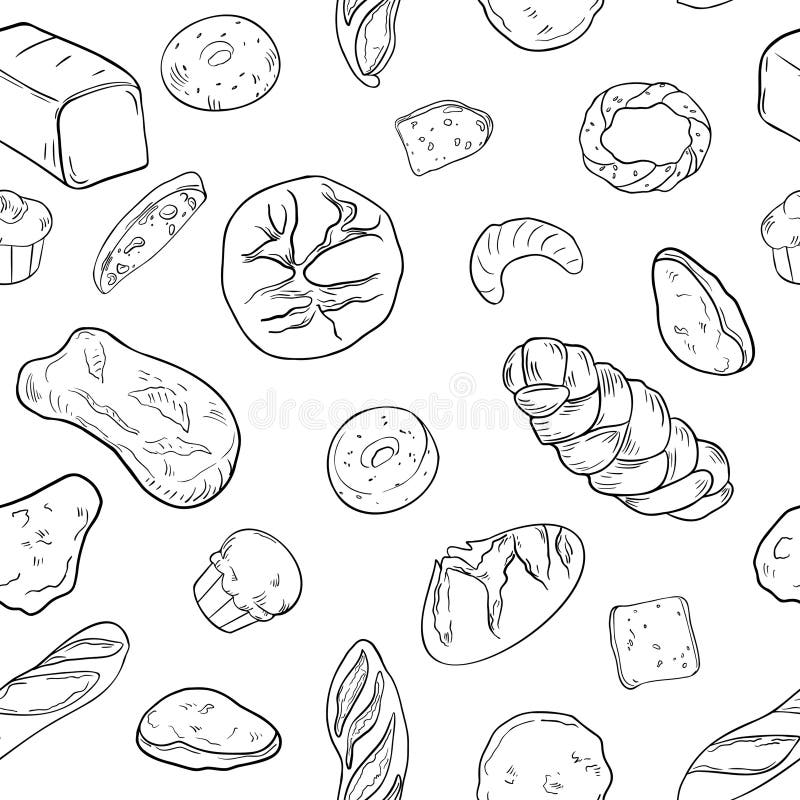 Assorted Kind of Bread Black White Vector Seamless Pattern. Loaf Bread, Challah, Rustic Rye ...