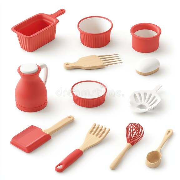 Red Kitchen Utensils and Baking Dishes Set for Cooking Stock ...