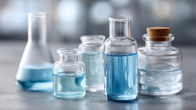 Assorted Laboratory Glassware with Blue Liquids on a Smooth Surface ...