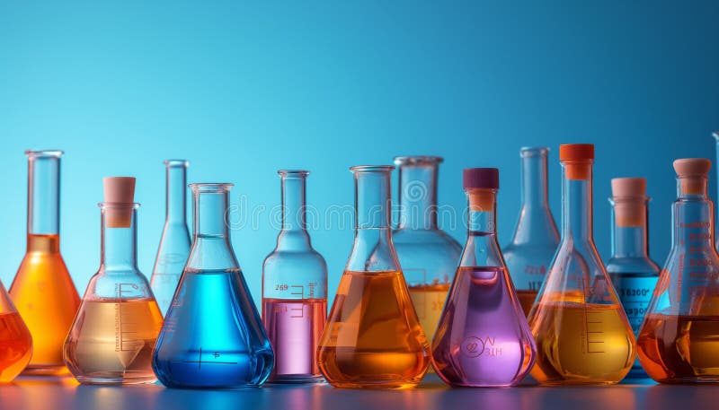 Assorted Laboratory Glassware with Colorful Liquids Stock Image - Image ...