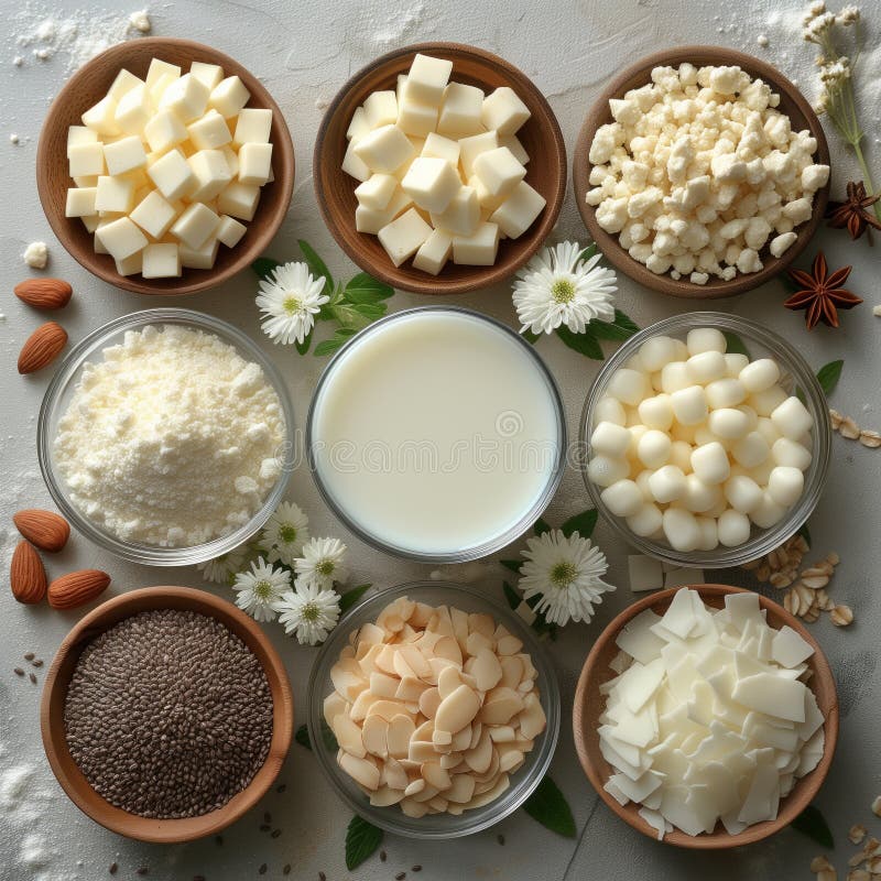 Assorted Lactose Ingredients in Bowls Top View Stock Illustration ...