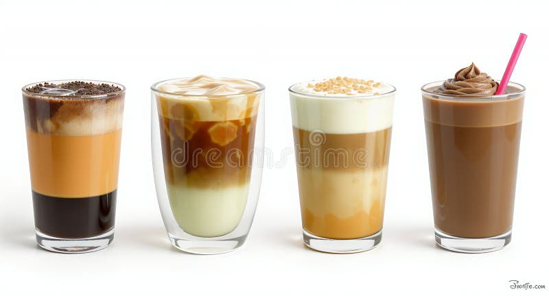 Assorted Layered Drinks Displayed Against Clean White Backdrop ...