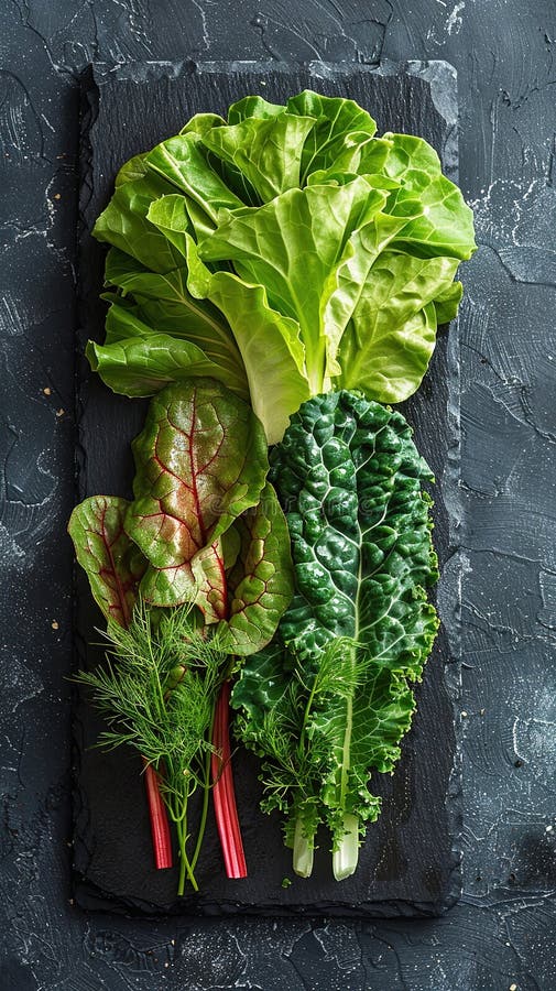 Assorted Leafy Greens and Herbs Arranged on a Black Marble Surface ...
