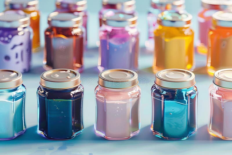 Assorted Liquid Filled Jars Arranged in a Colorful and Eye Catching ...
