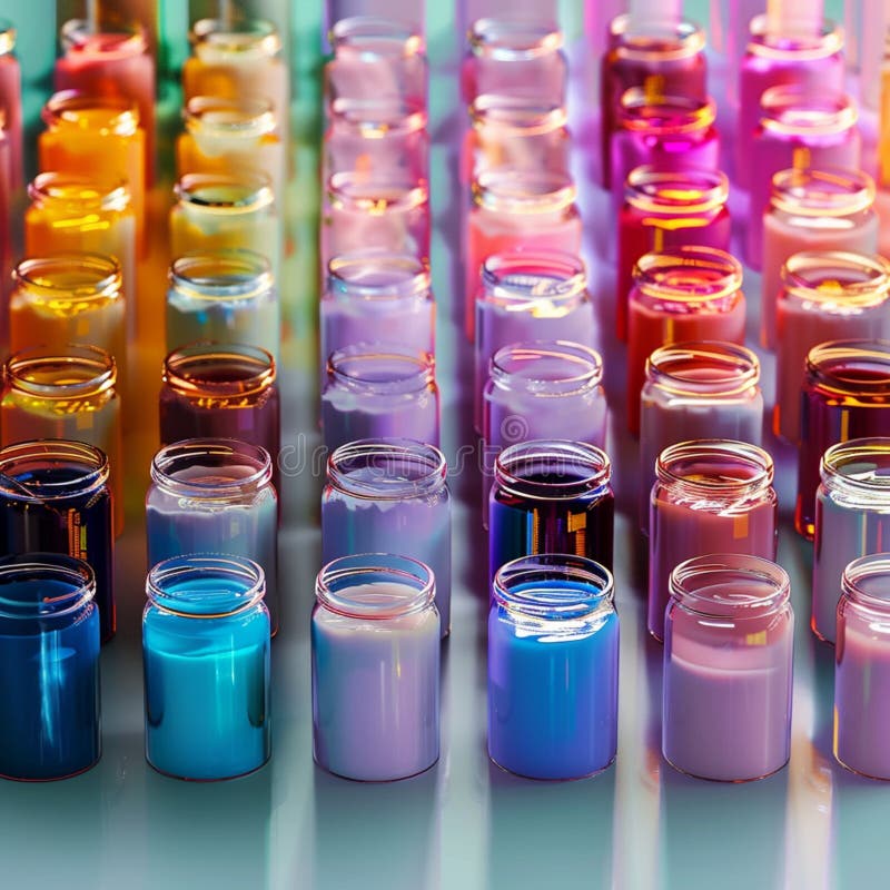 Assorted Liquid Filled Jars Arranged in a Colorful and Eye Catching ...