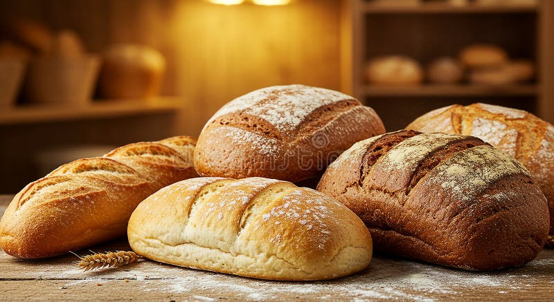 Assorted Loaves of Bread Rest on a Wooden Surface, Lightly Dusted with ...