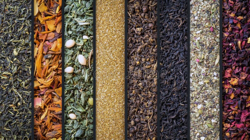 Assorted Loose Leaf Tea and Spices Display in Vertical Rows Stock Image ...