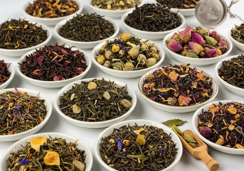 Assorted Loose Leaf Tea Varieties and Herbal Blends Displayed in White ...