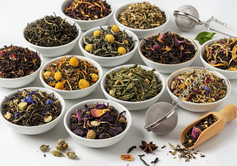 Assorted Loose Leaf Tea Varieties and Herbal Blends Displayed in White ...