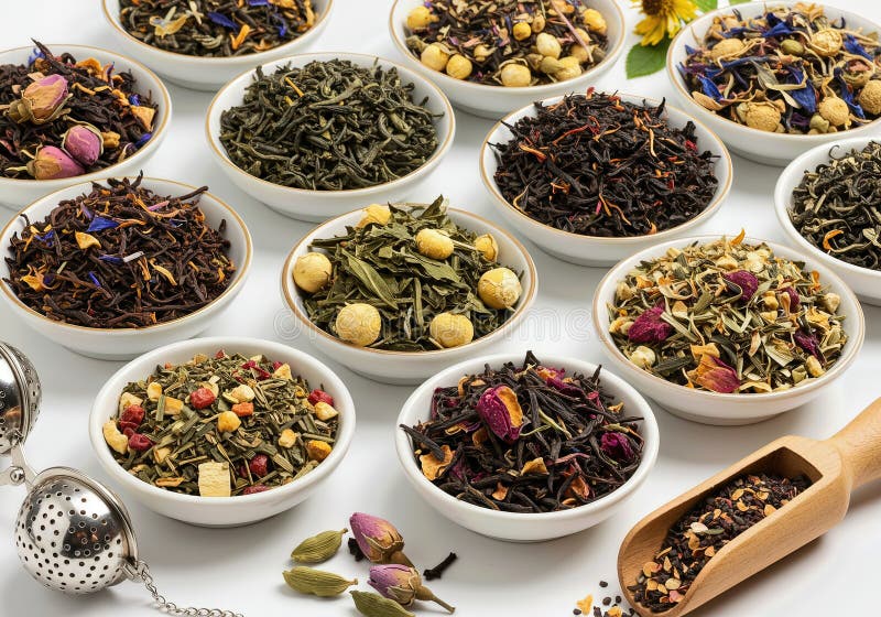 Assorted Loose Leaf Tea Varieties and Herbal Blends Displayed in White ...