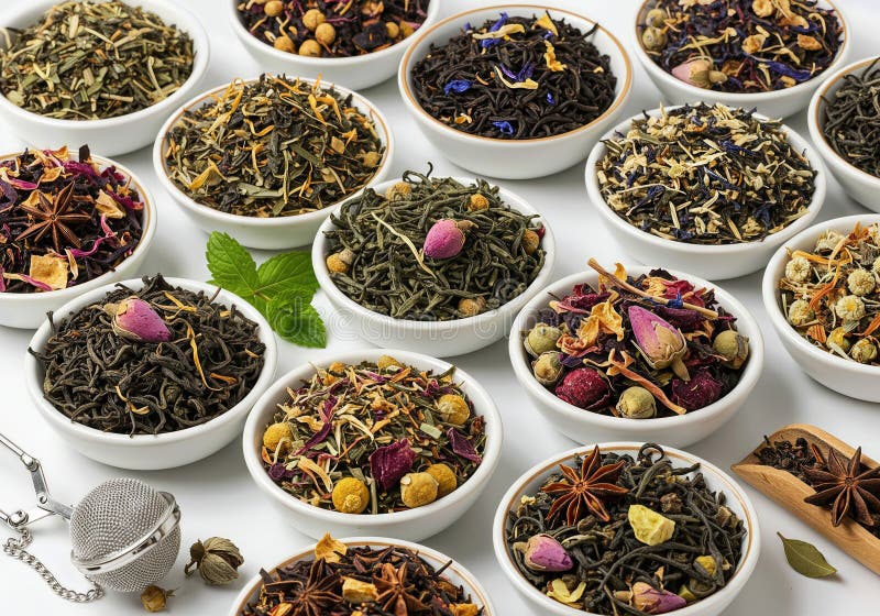 Assorted Loose Leaf Tea Varieties and Herbal Blends Displayed in White ...