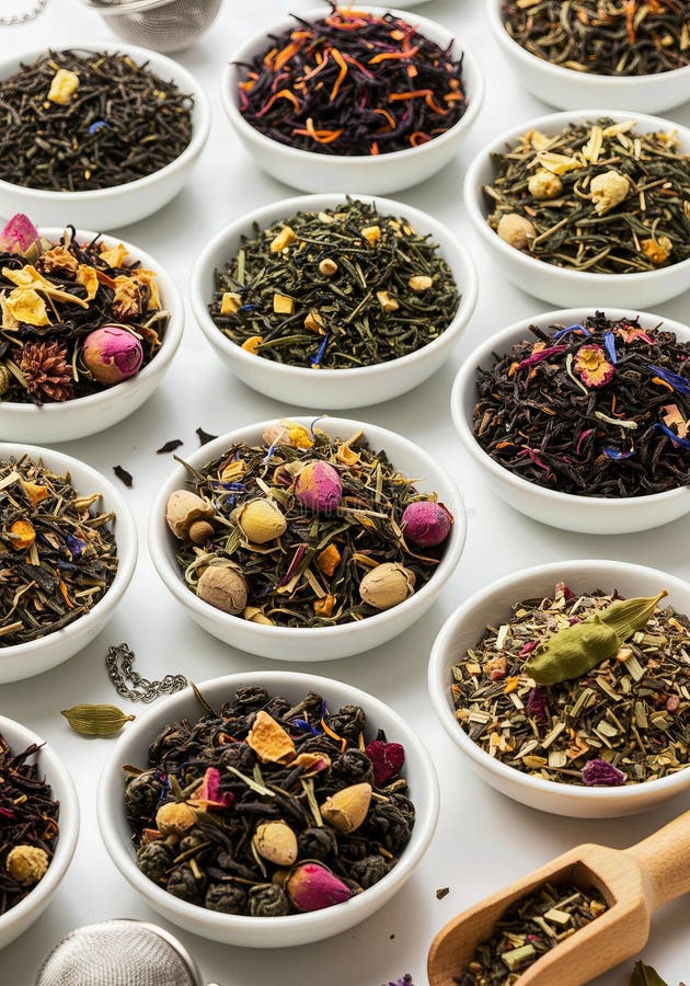Assorted Loose Leaf Tea Varieties and Herbal Blends Displayed in White ...