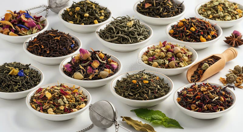 Assorted Loose Leaf Tea Varieties and Herbal Blends Displayed in White ...