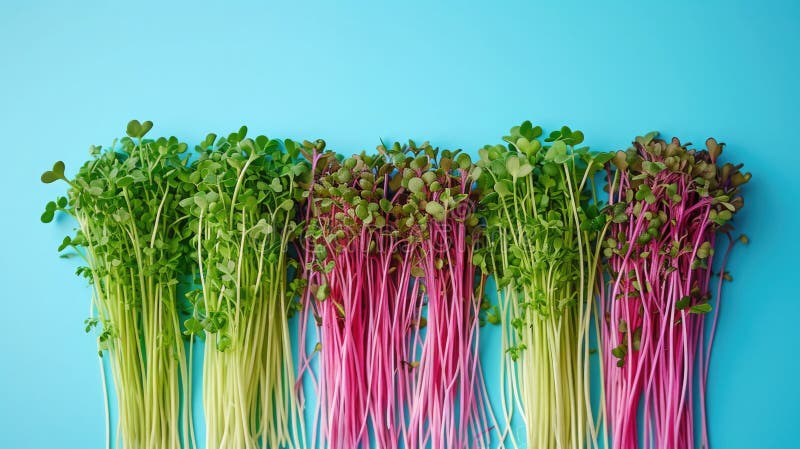 Assorted Lush Microgreens with Bright Stems and Leaves on a Colored ...