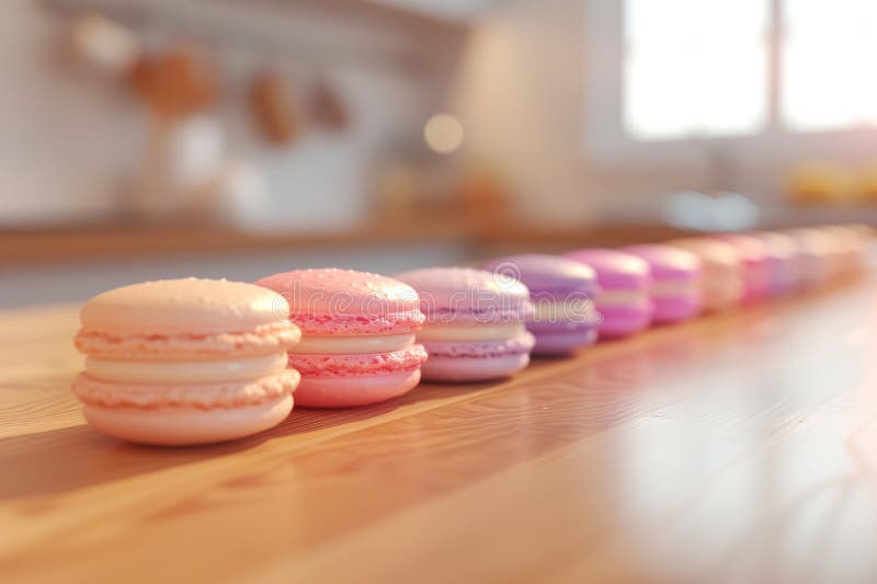 Assorted Macarons in a Modern Kitchen, Row of Colorful Macarons Placed ...