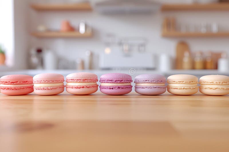 Assorted Macarons in a Modern Kitchen, Row of Colorful Macarons Placed ...