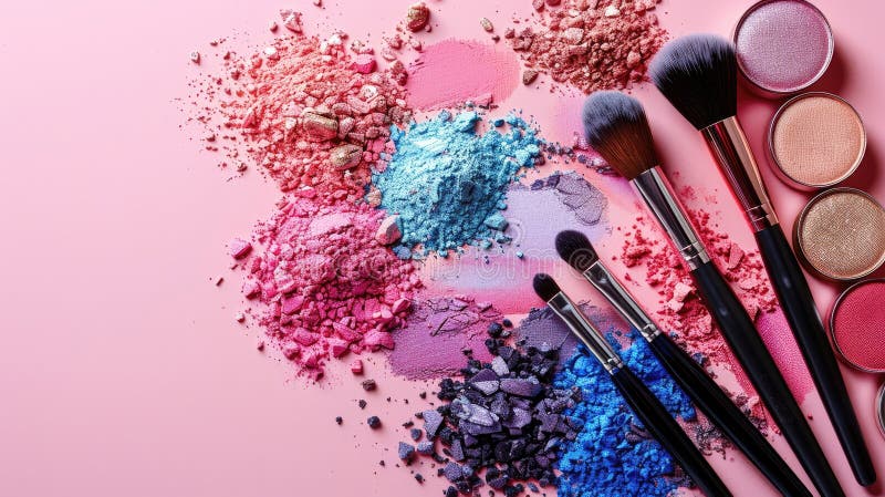 Assorted Makeup and Brushes Scattered on Pink Surface, Beauty Concept ...