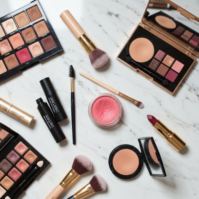 Assorted Makeup Products Arranged on a Marble Surface Include Eyeshadow ...