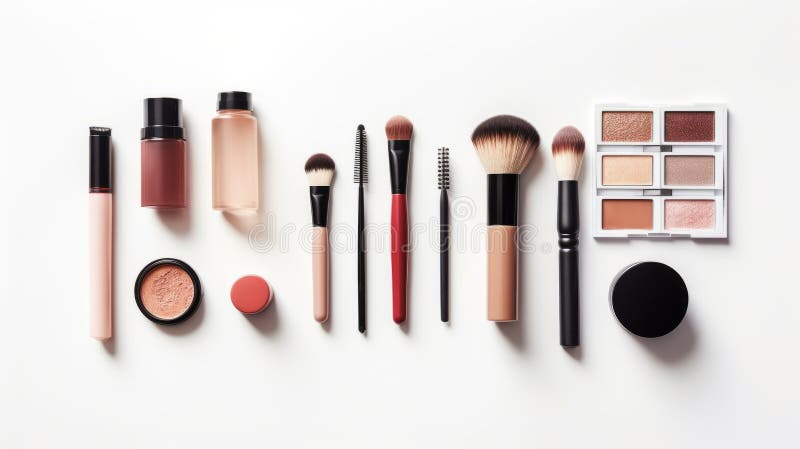 Assorted Makeup Products Arranged on White Surface. Generative AI Stock ...
