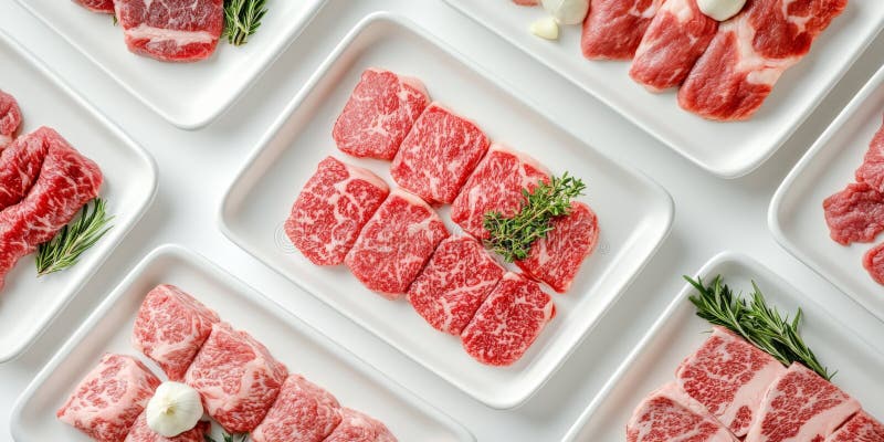 Assorted Marbled Wagyu Beef Cuts on White Trays with Herbs Stock Image ...