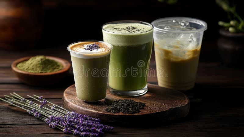 Assorted Matcha Drinks with Lavender and Green Tea on Wooden Tray Stock ...