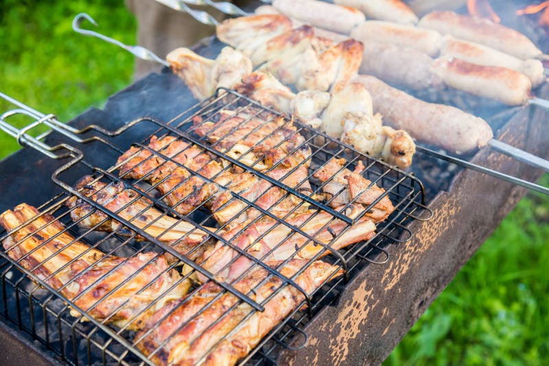 Assorted Meat Cooked on Barbecue Grill Stock Photo - Image of dinner ...