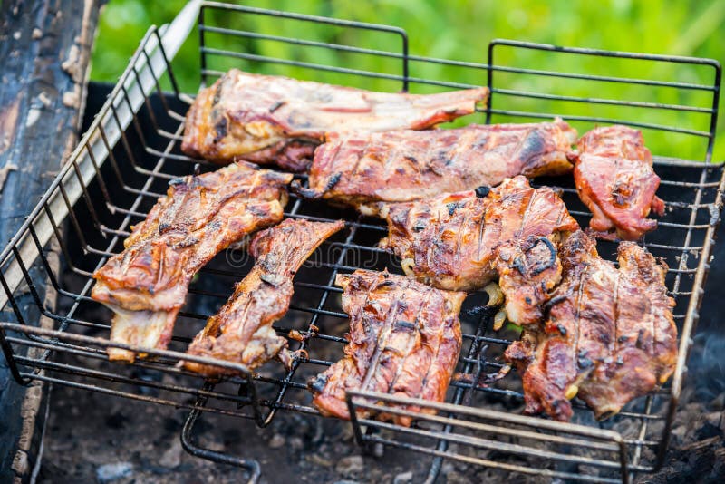 Assorted Meat Cooked on Barbecue Grill Stock Image - Image of smoke ...