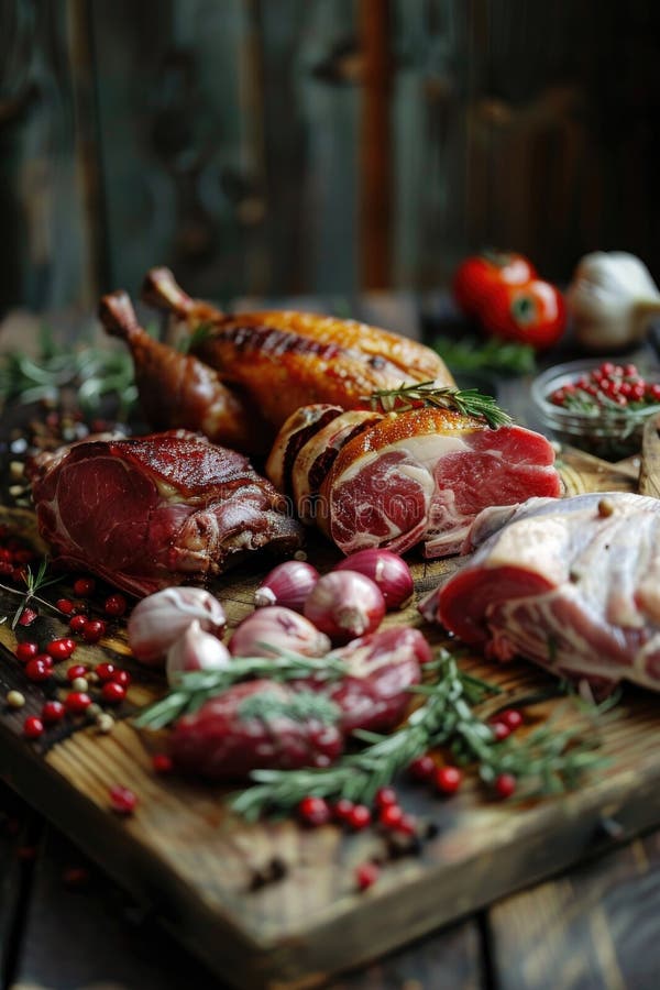 Assorted Meat Cuts on Rustic Wooden Board with Fresh Herbs and ...