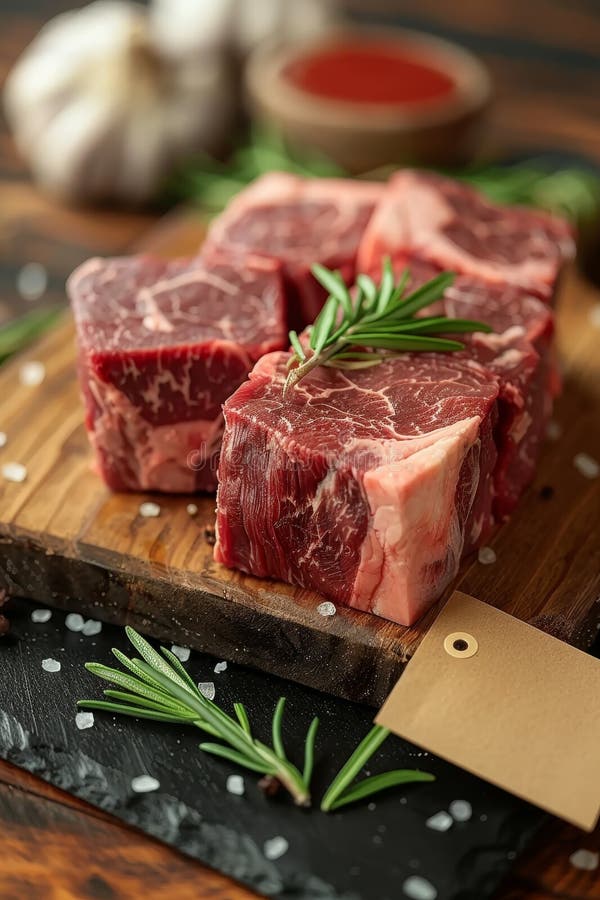 Assorted Meat Cuts on Wooden Tray in Store with Empty Price Tags Banner ...