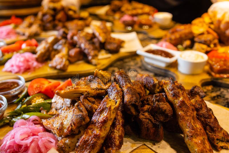 Assorted Meat on a Plate Close Up. Different Types of Meat and Potatoes ...