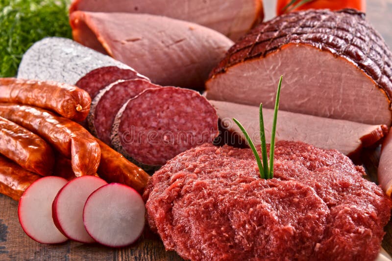 Assorted Meat Products Including Ham and Sausages Stock Image - Image ...