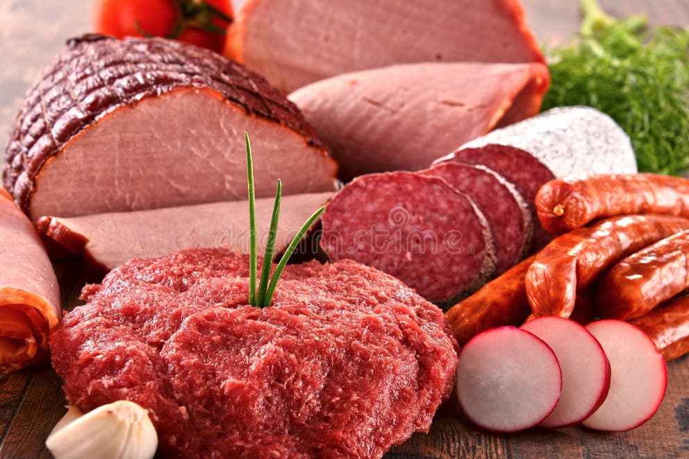 Assorted Meat Products Including Ham and Sausages Stock Image - Image ...