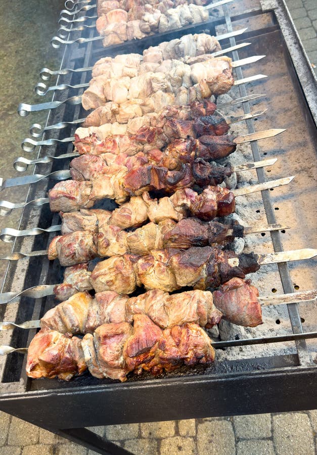 Assorted Meat Skewers Grilling on Open Fire Pit Stock Image - Image of ...