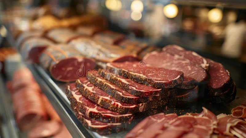 Assorted Meat Slices Displayed at a Deli Counter Stock Image - Image of ...