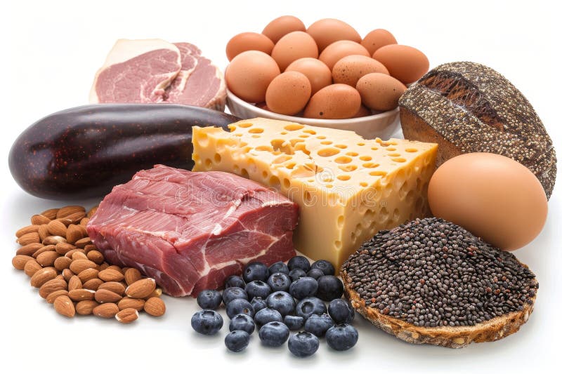 Assorted Meats, Cheese, Eggs, and Seeds Set on a White Table, Capturing ...