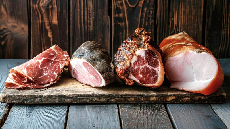 Assorted Meats and Cheeses on Wooden Table Stock Illustration ...