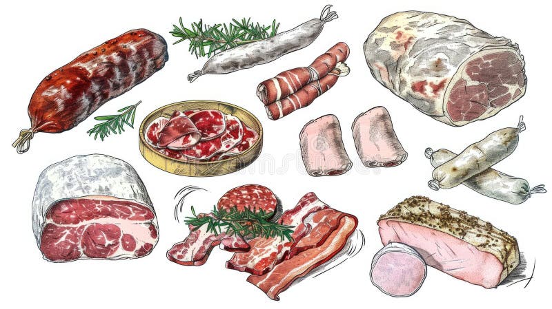 Assorted Meats and Meat Products Displayed on a Table, Suitable for ...