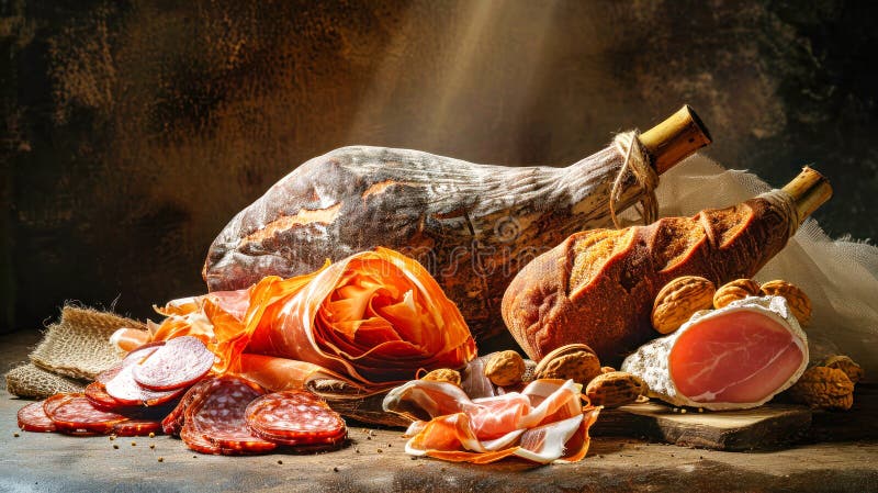 Assorted Meats on Table, a Delicious Display of Jamon, Ham, and Farm ...
