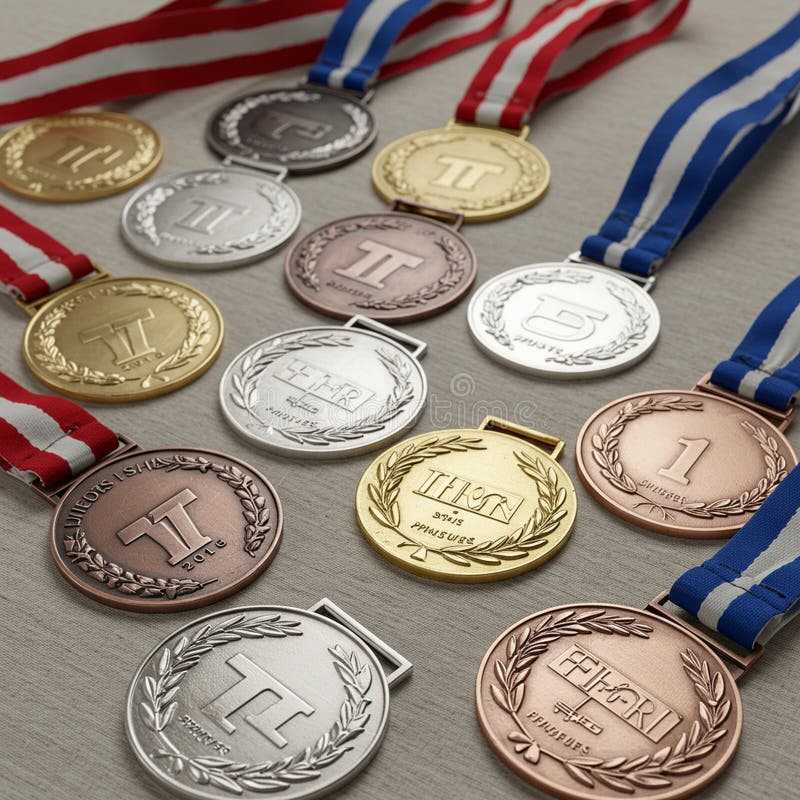 Assorted Medals in Bronze, Silver, and Gold are Displayed on a Surface ...