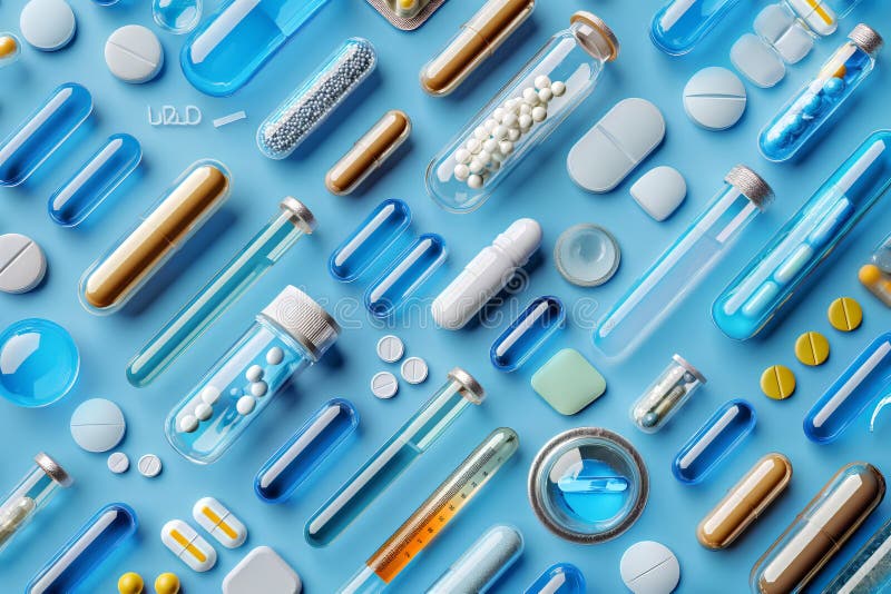 Assorted Medical Capsules, Pills, and Vials on Blue Background Stock ...