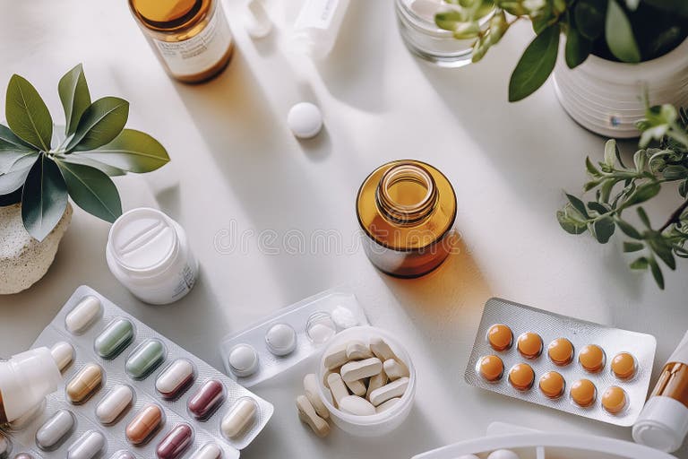 Assorted Medication and Supplements with Natural Elements on a Bright ...