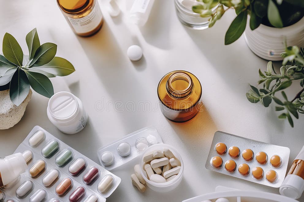 Assorted Medication and Supplements with Natural Elements on a Bright ...