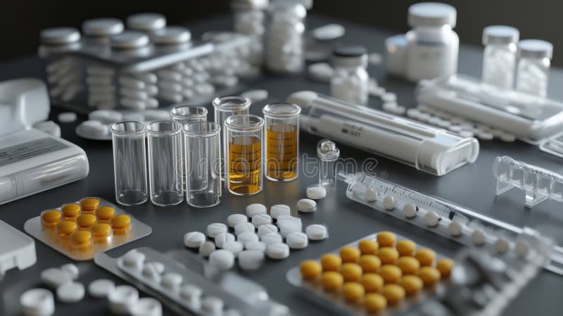 Assorted Medications Arranged on a Dark Surface Showing Various Types ...