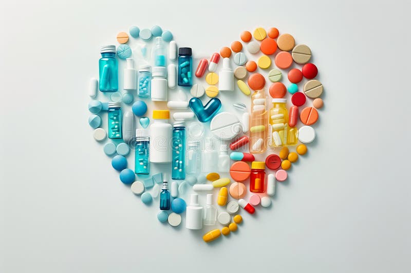 Assorted Medications Forming a Heart Shape on White Background Stock ...