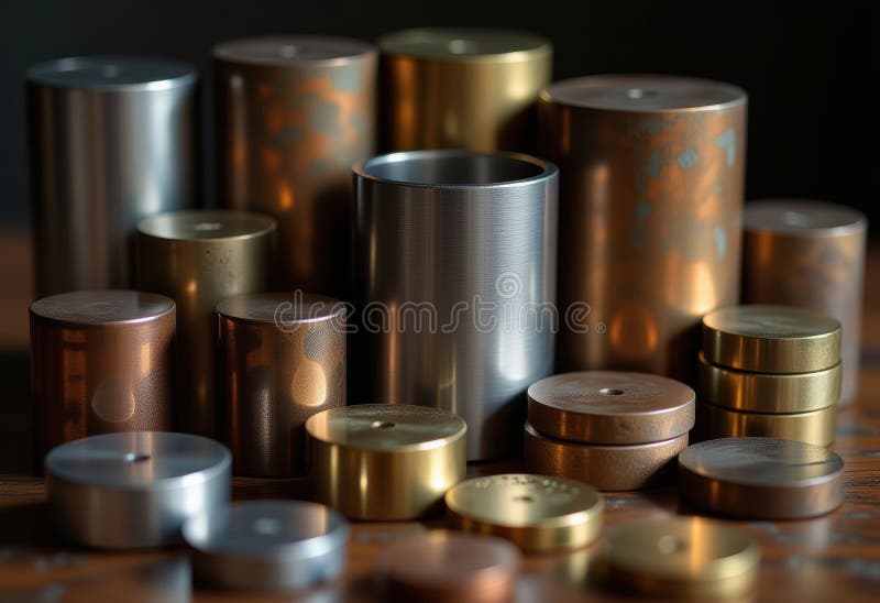 Assorted Metallic Cylinders in Various Finishes and Sizes, Showcasing ...